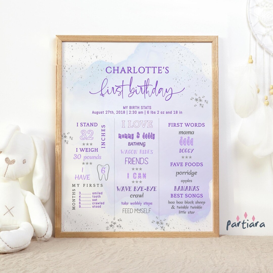 Lilac Silver 1st Birthday Board Milestone Sign Girl Pastel Purple Birth ...