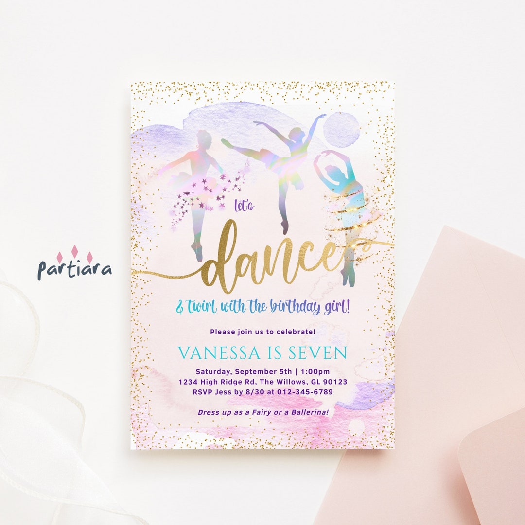 Lets Dance Girl Birthday Invite Ballerina Themed Party Invitations ...
