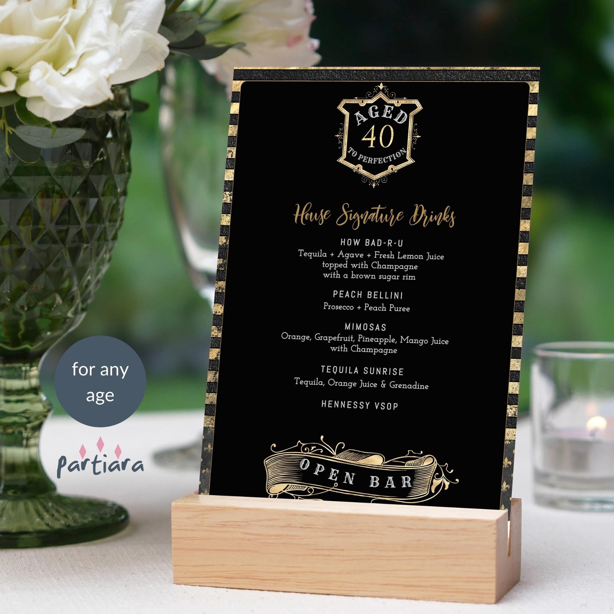 Mens Birthday Signature Drinks Menu Printable Black and Gold - Etsy