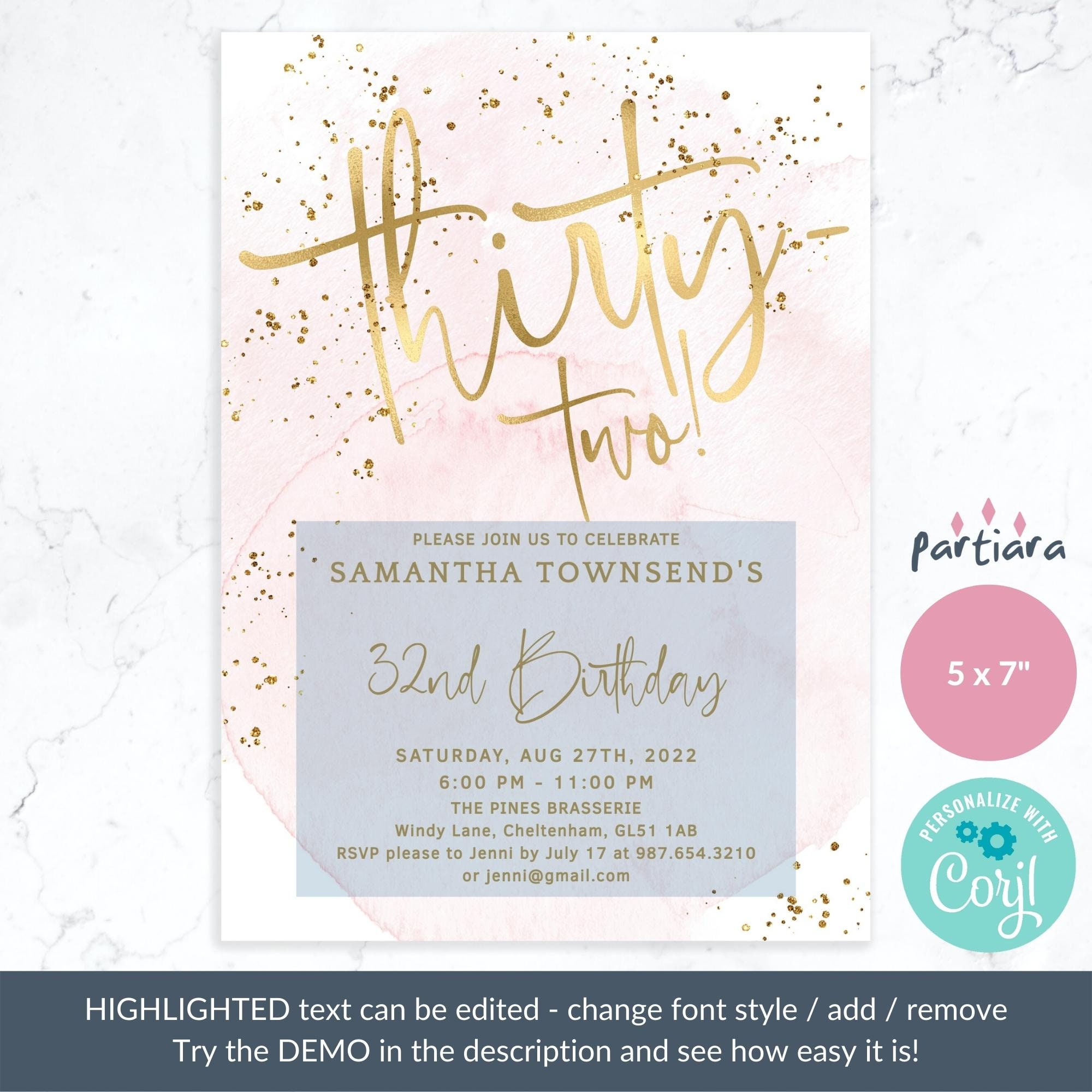 Pink Gold Birthday Invitation Printable 32nd Party Invites for | Etsy