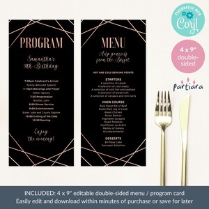 Menu Program Card Rose Gold Printable Ladies Birthday Dinner Party ...
