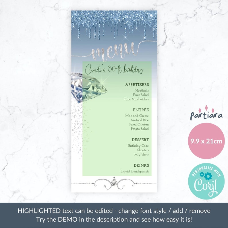 Editable Denim Birthday Menu Card Template Blue and Silver - Etsy
