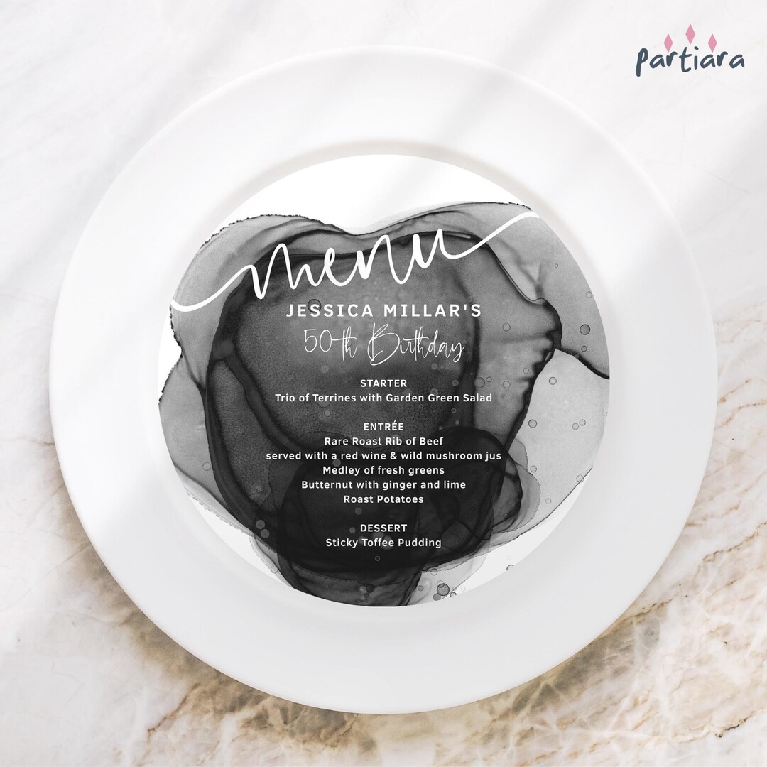 Black White Menu Charger Printable, Teen Boys Birthday Plate Menus ...