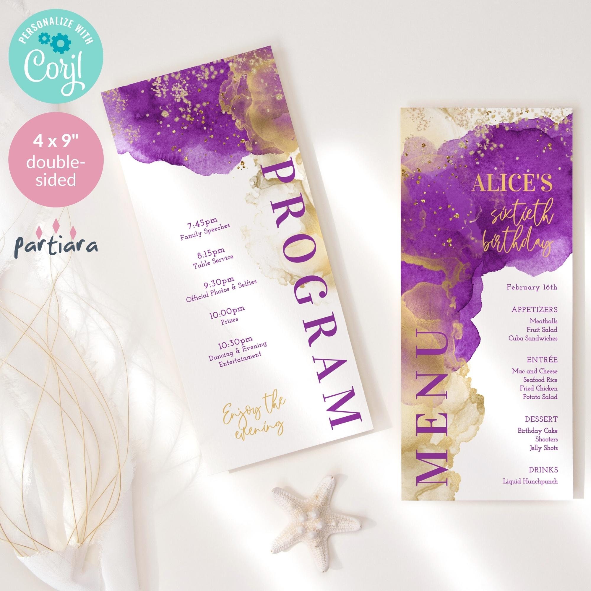 Purple Gold Birthday Menu Program Printable Ladies Dinner Party Menus ...