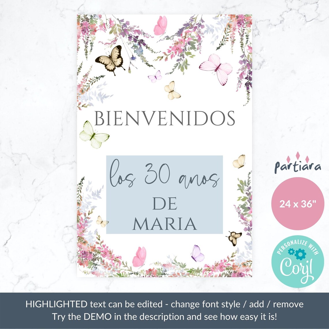 Spanish Birthday Sign, Welcome Butterfly Floral Party Poster Printable ...