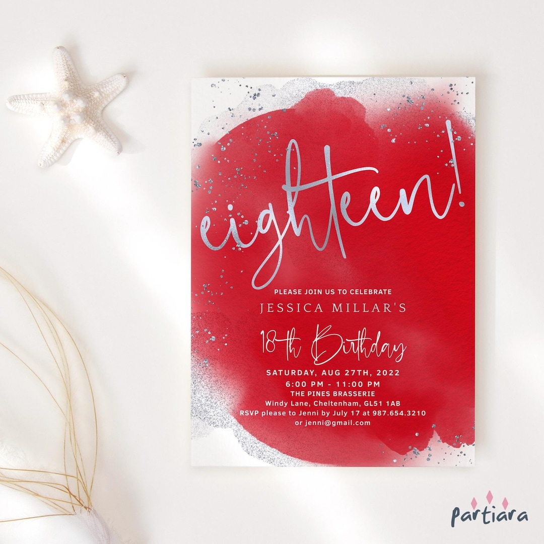 Red Silver 18th Birthday Invitation Printable Dinner Party Invites ...