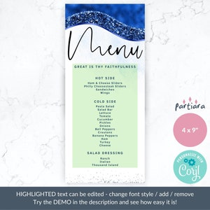 Royal Blue Menu Template, Birthday Dinner Party Menus Printable, Men or ...