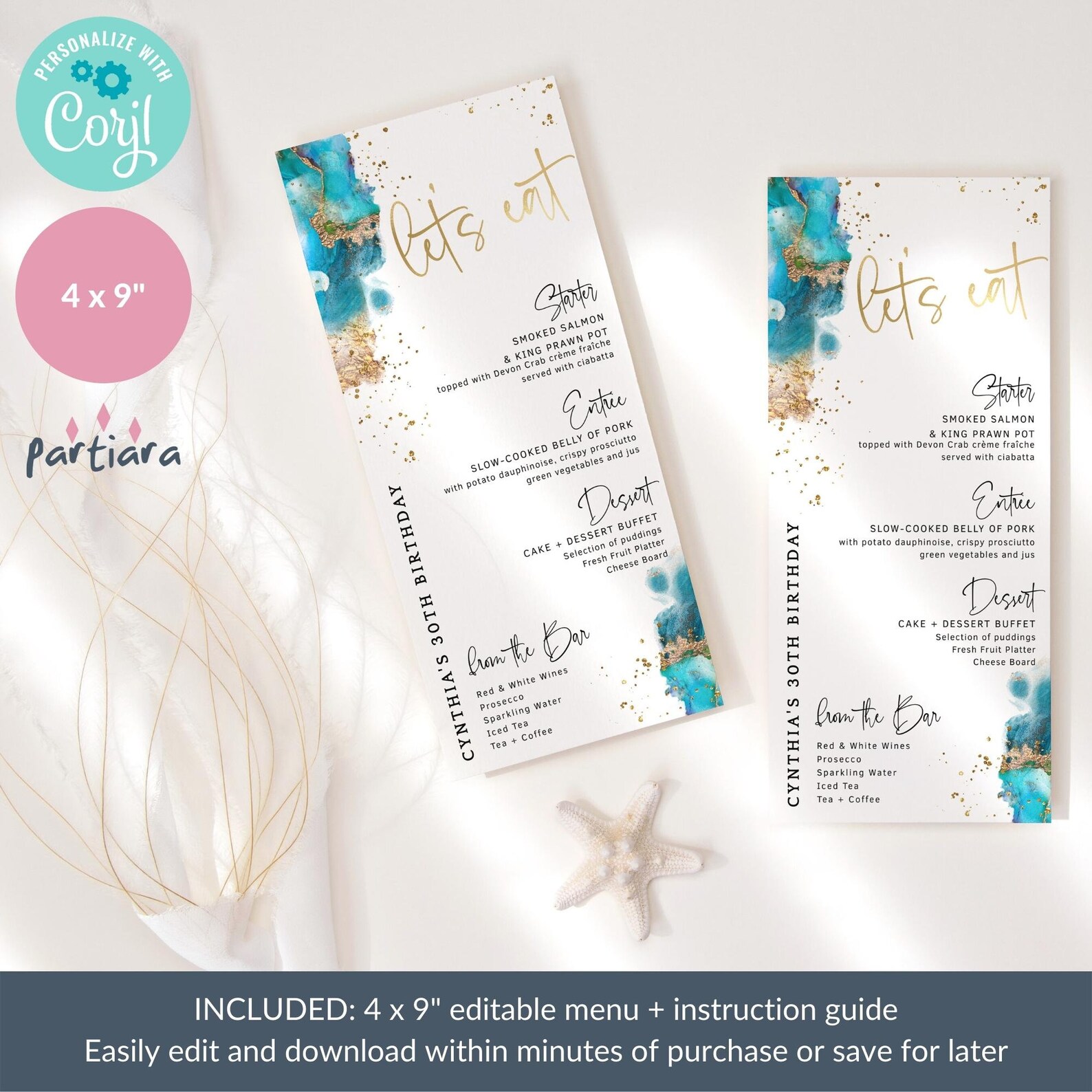 Teal Blue Gold Birthday Menu Template, Editable Party Table Menus for ...