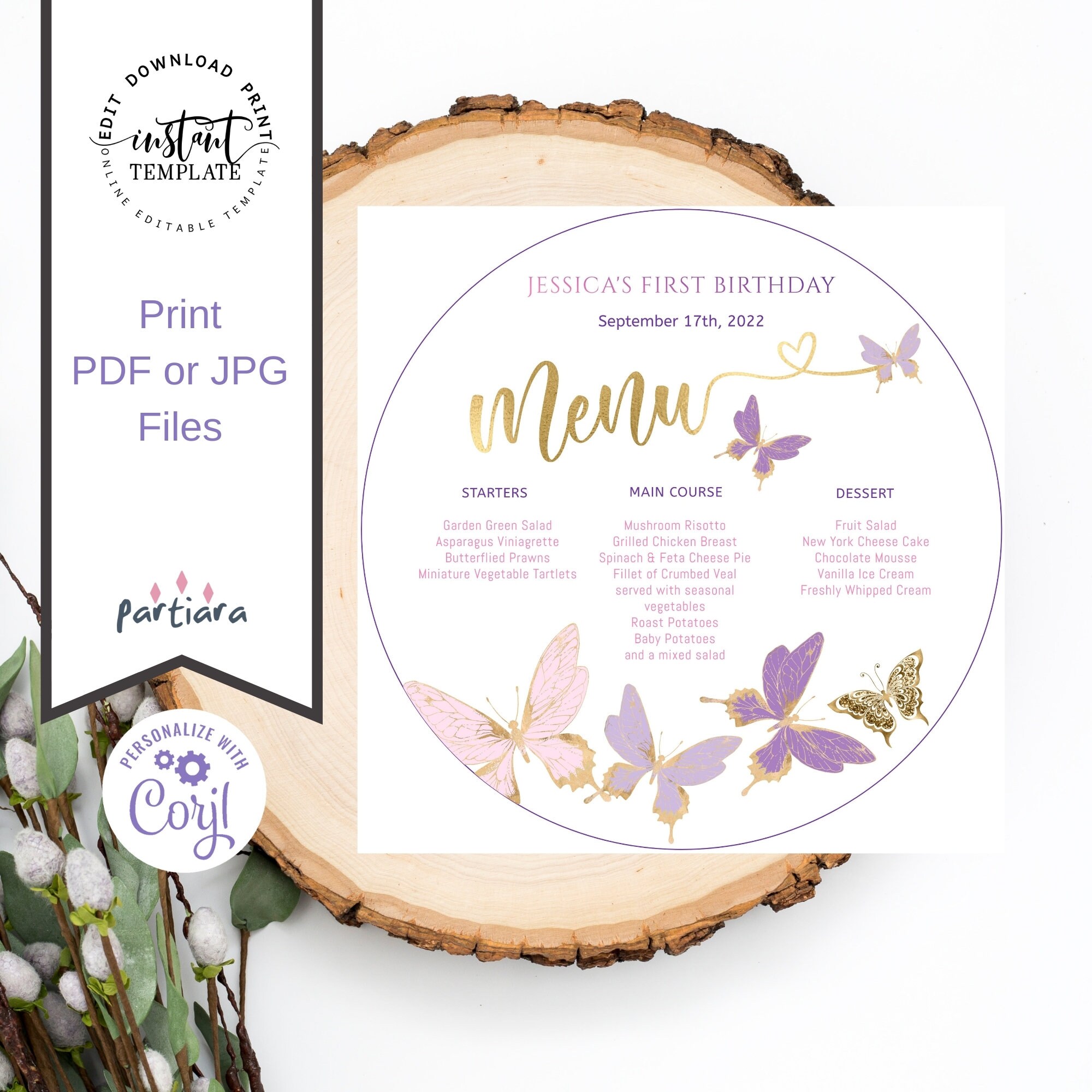 Butterfly Menu Card Editable Round Plate Charger Menus DIY | Etsy