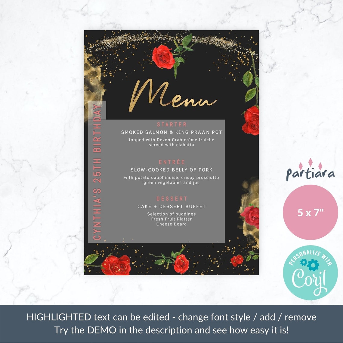 Anniversary Menu Card Red Roses Birthday Menus Black and Gold - Etsy