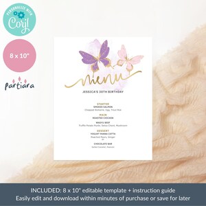 Editable Butterfly Menu Card Birthday Purple Pink Gold Tea Party Buffet ...