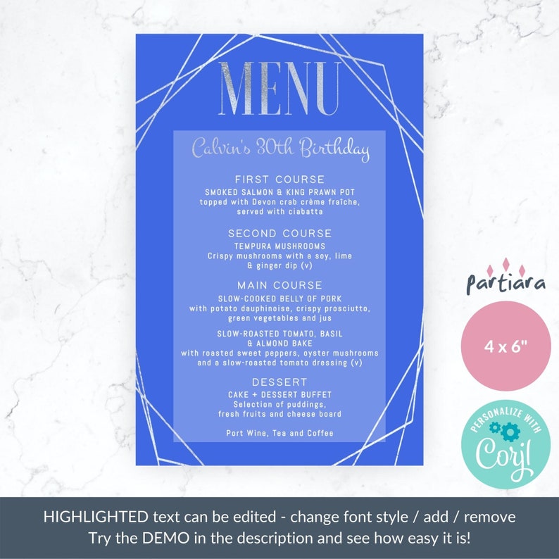 Royal Blue Menu Template, Place Setting Menus Printable, Birthday ...