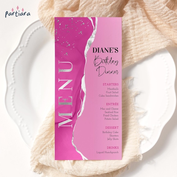 Editable Hot Pink Menu Card Template Fuchsia Silver Birthday - Etsy