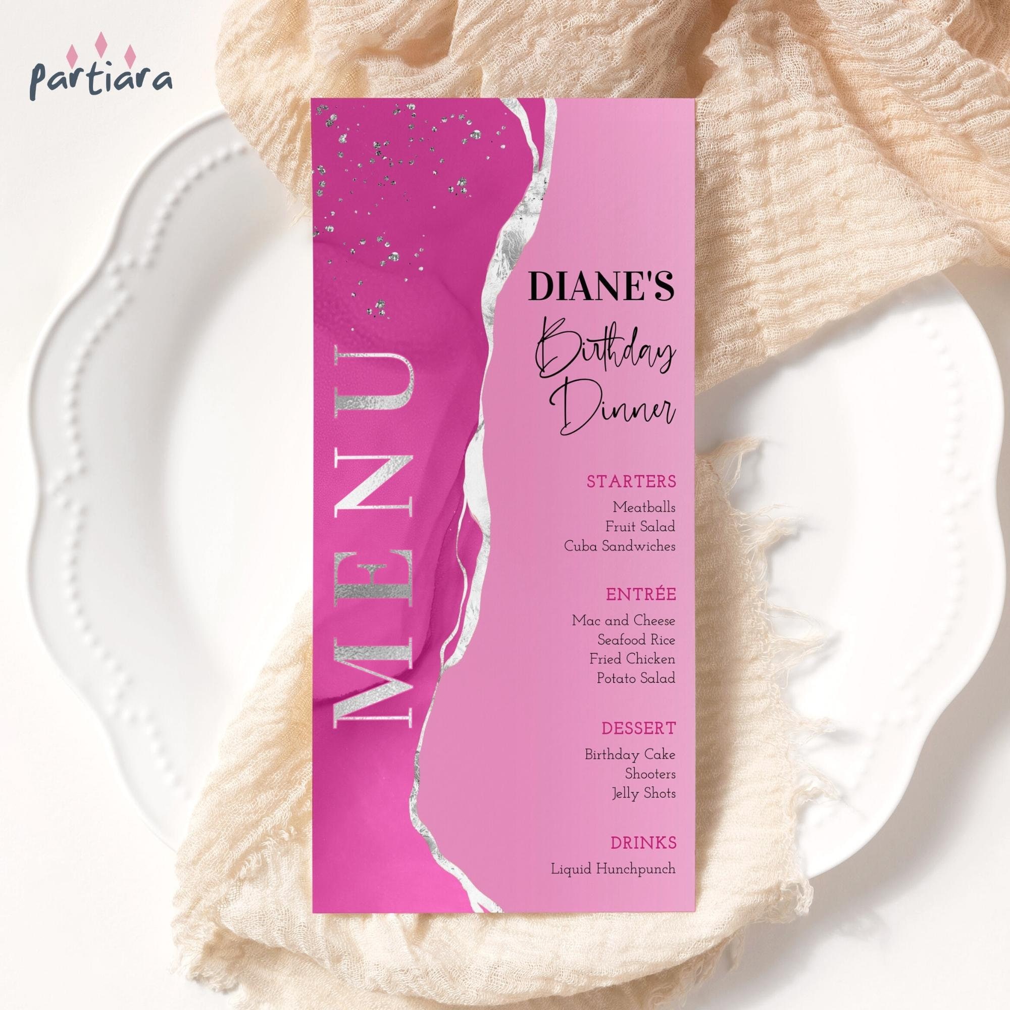 Editable Hot Pink Menu Card Template Fuchsia Silver Birthday - Etsy