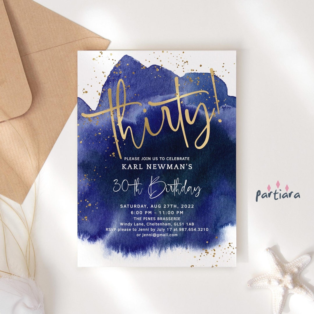 Blue 30th Birthday Invitation Digital Download, Royal Blue Party Invite ...