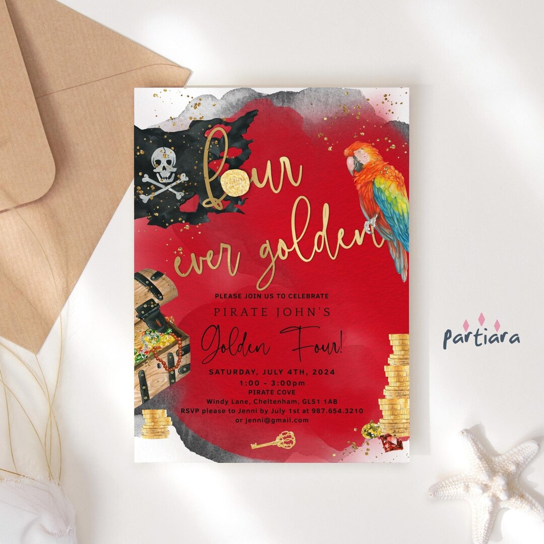 Four Ever Golden Invite 4th Birthday Invitation Boys Pirate Treasure ...