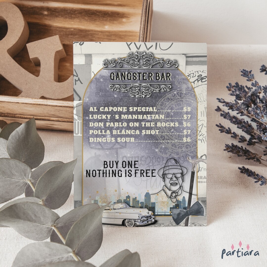 Signature Drinks Menu Mens Gangster Theme Mafia Dinner Party Bar Table ...