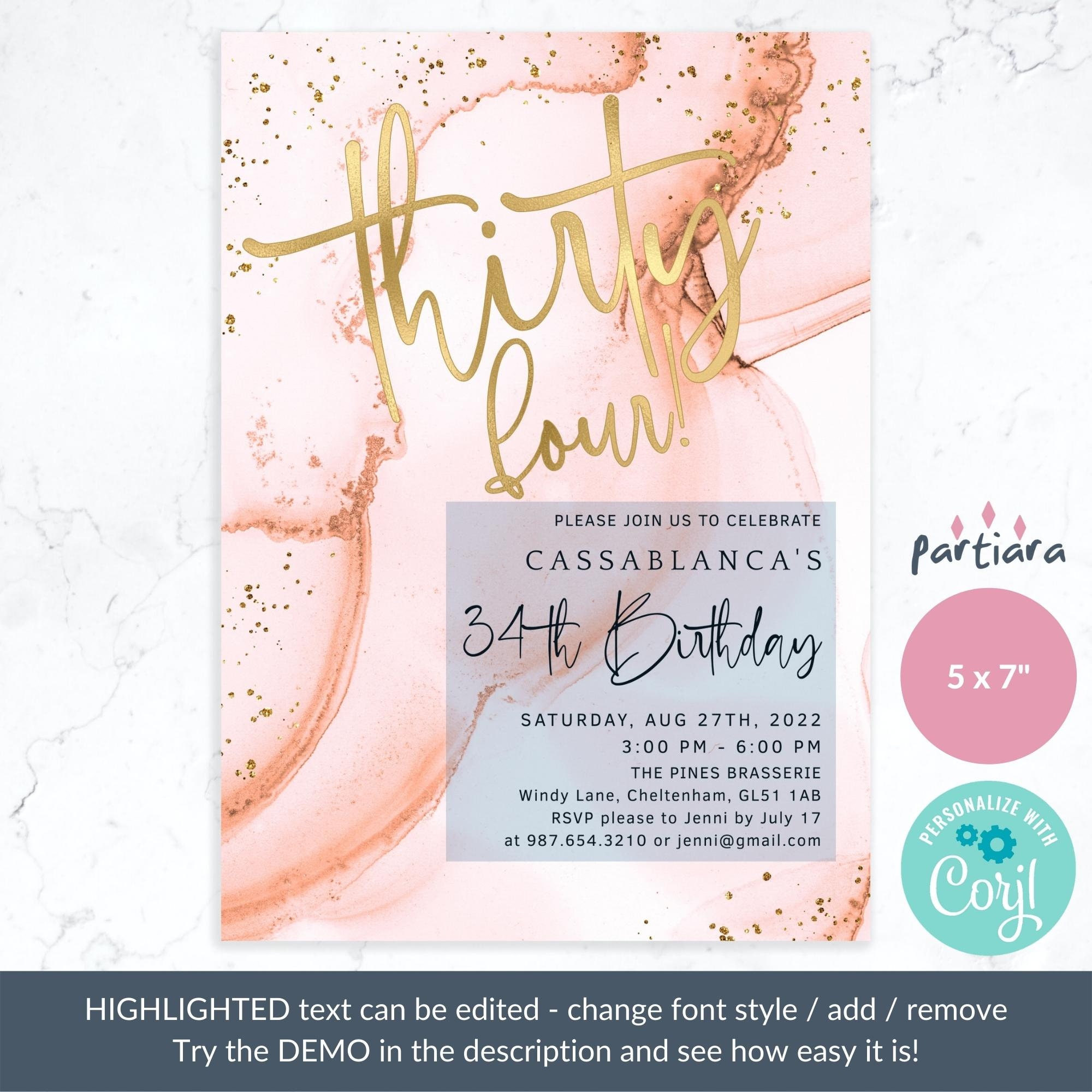 Blush Pink Ladies 34th Birthday Invitation Printable Brunch Lunch or ...