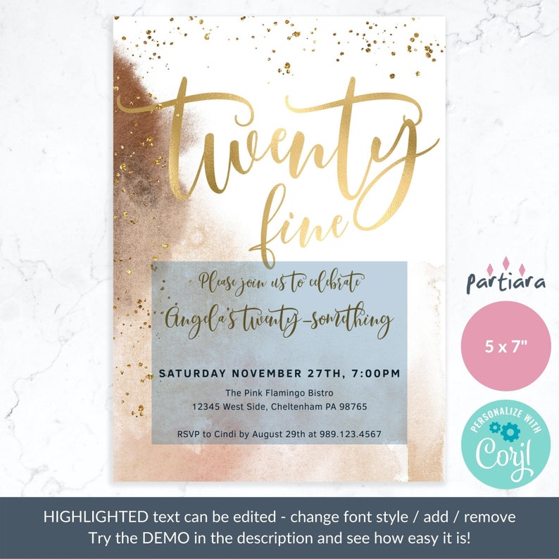 Ladies Twenty Fine 20th Birthday Invitation Brown and Gold - Etsy