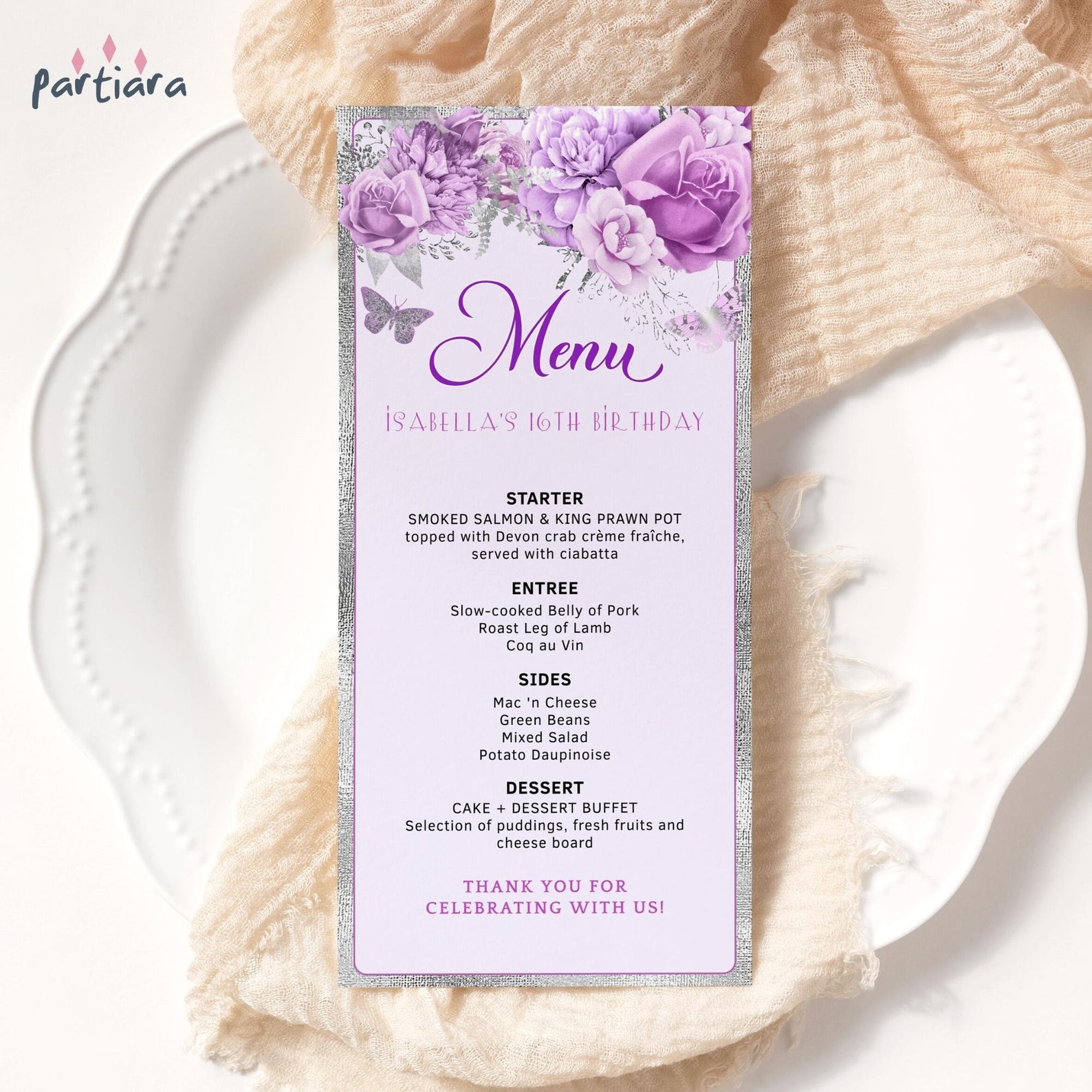 Purple Floral Menu Template, Birthday Butterfly Sweet 16 Menus ...