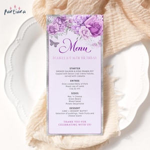 Purple Floral Menu Template, Birthday Butterfly Sweet 16 Menus ...