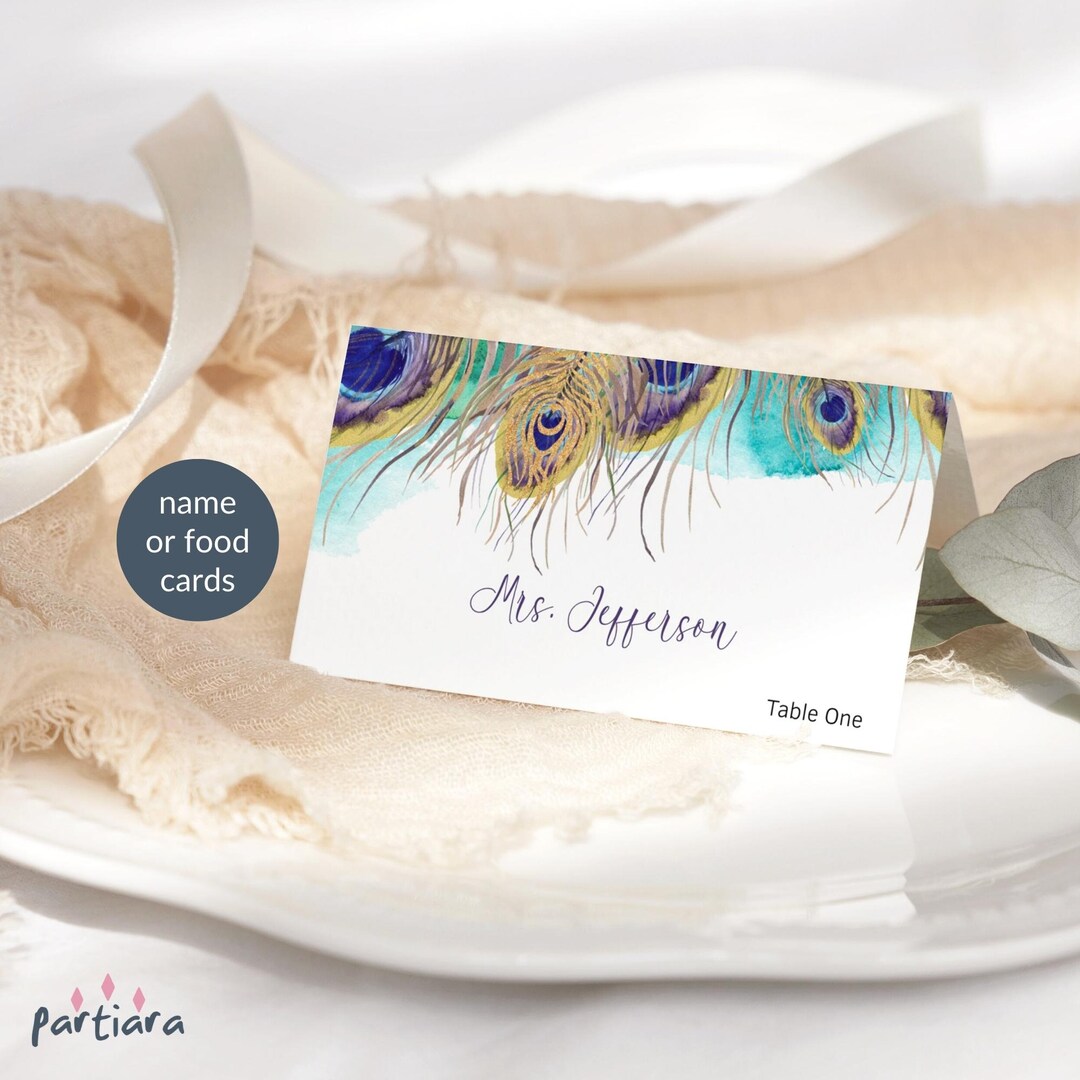 Peacock Party Name Place Cards Editable Seating Card Template Wedding ...