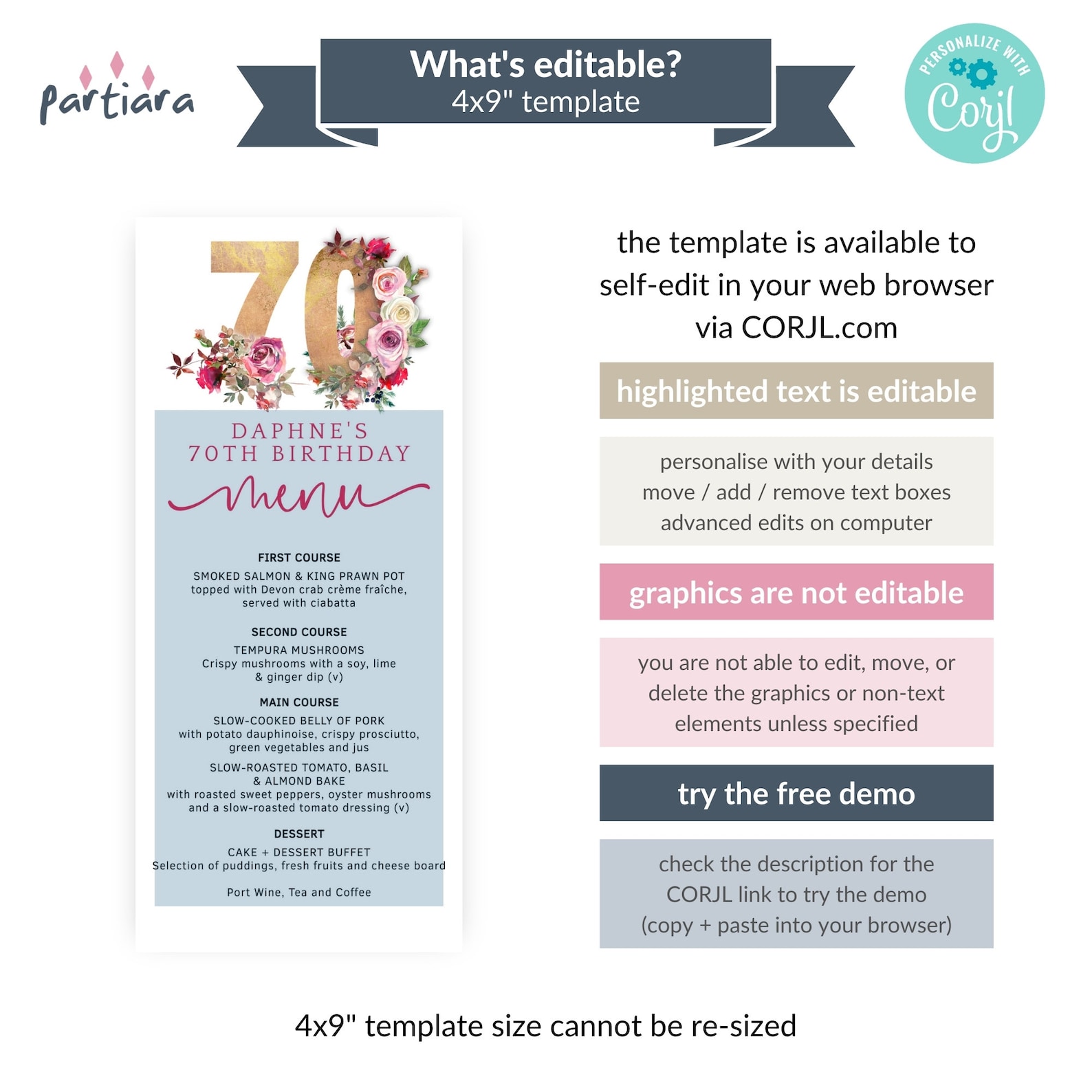 Floral 70th Birthday Menu Template, Editable Pink Red Rose Table Menus ...