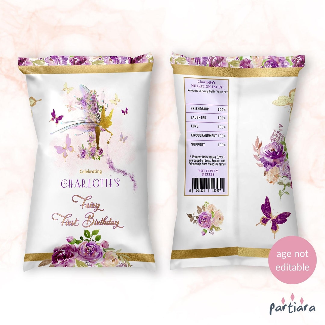 Fairy First Birthday Chip Bag Wrapper Girl 1st Birthday Personalized ...