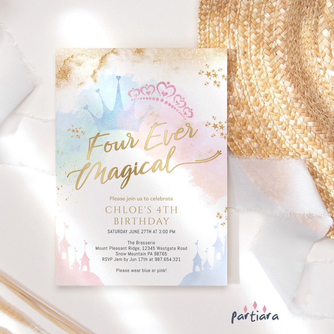 Four Ever Magical Invite, 4th Birthday Invitation, Princess Party ...