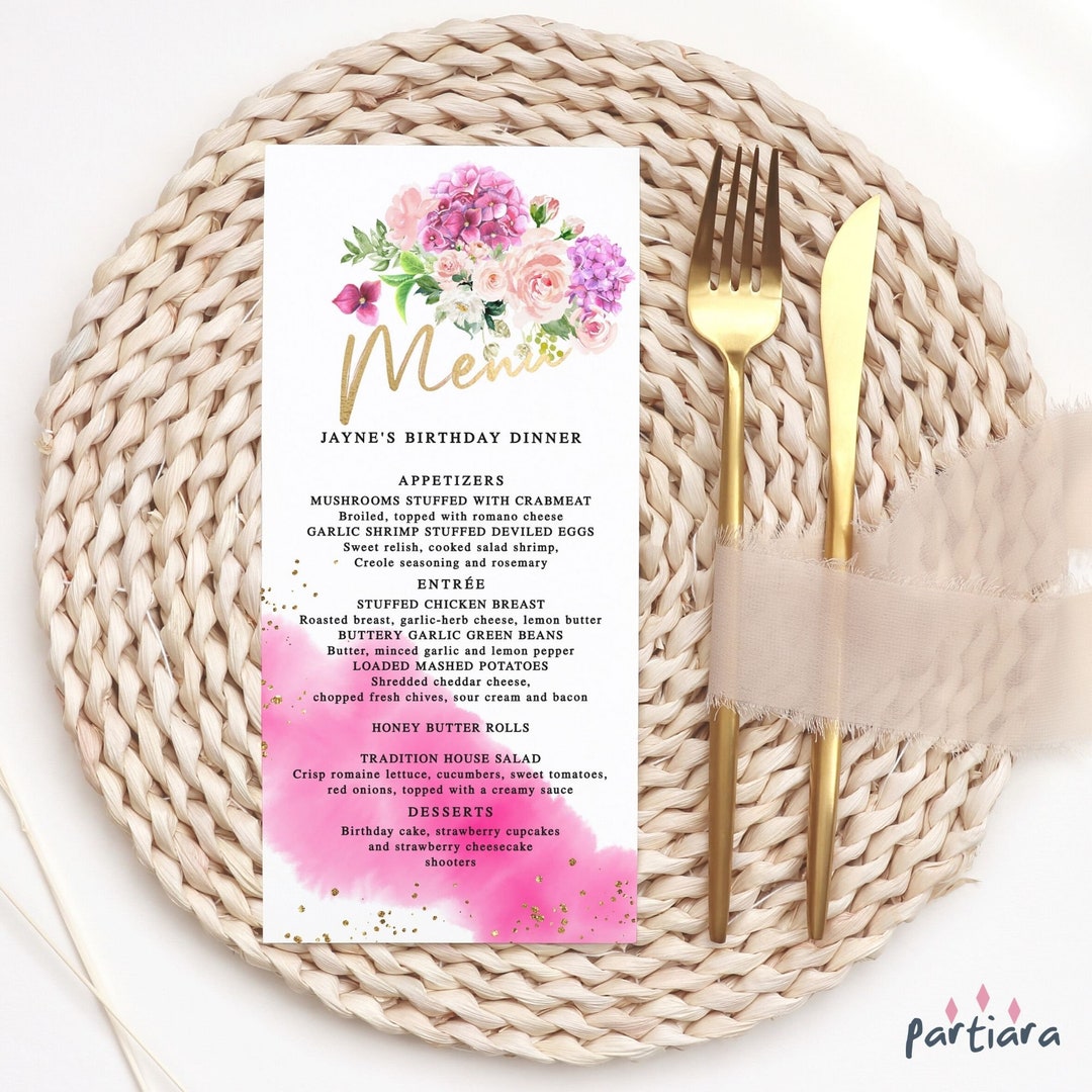 Birthday Menu Card, Pink Floral Menus, Bridal Shower Brunch Printable ...