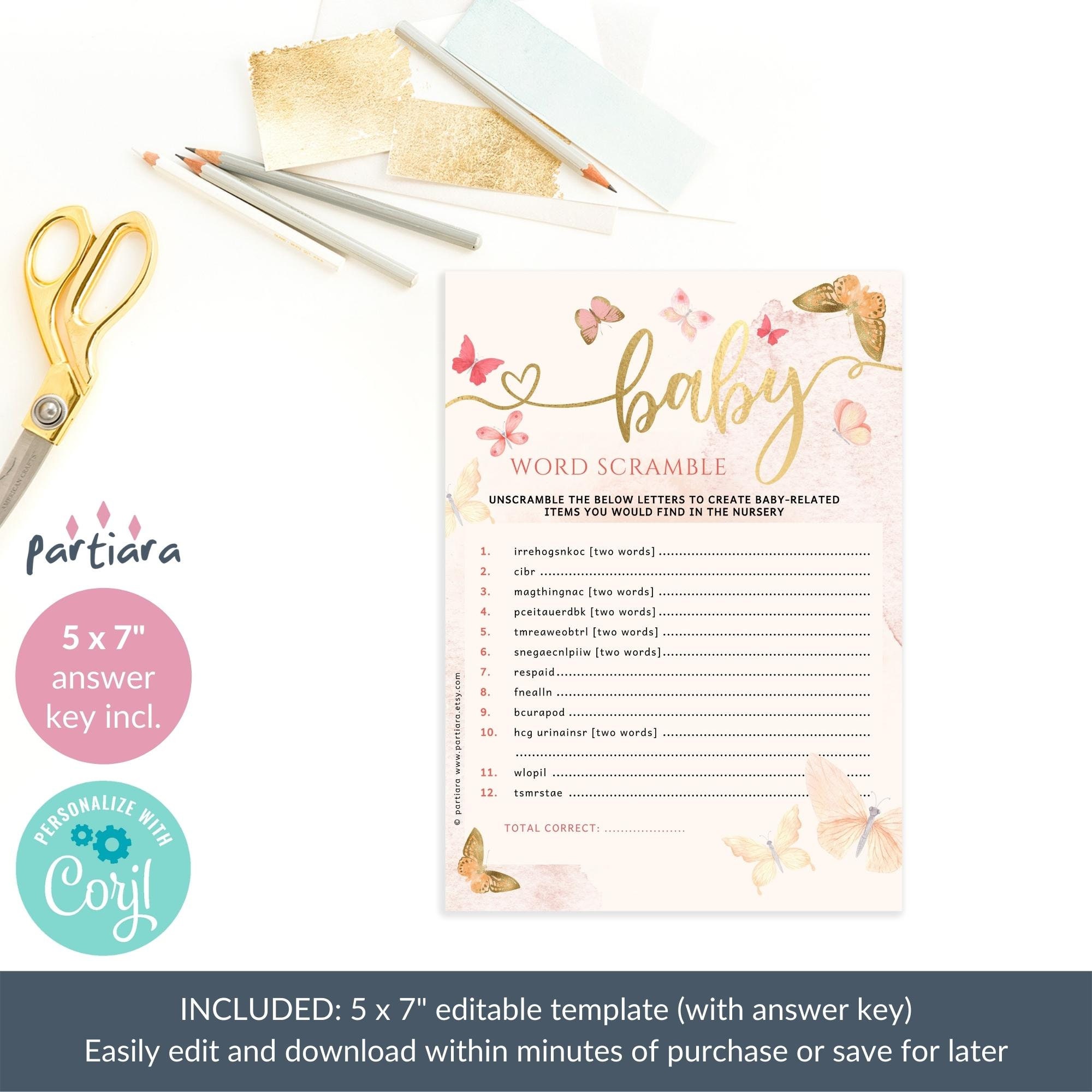 Butterfly Baby Shower Word Scramble Game Card Printable - Etsy
