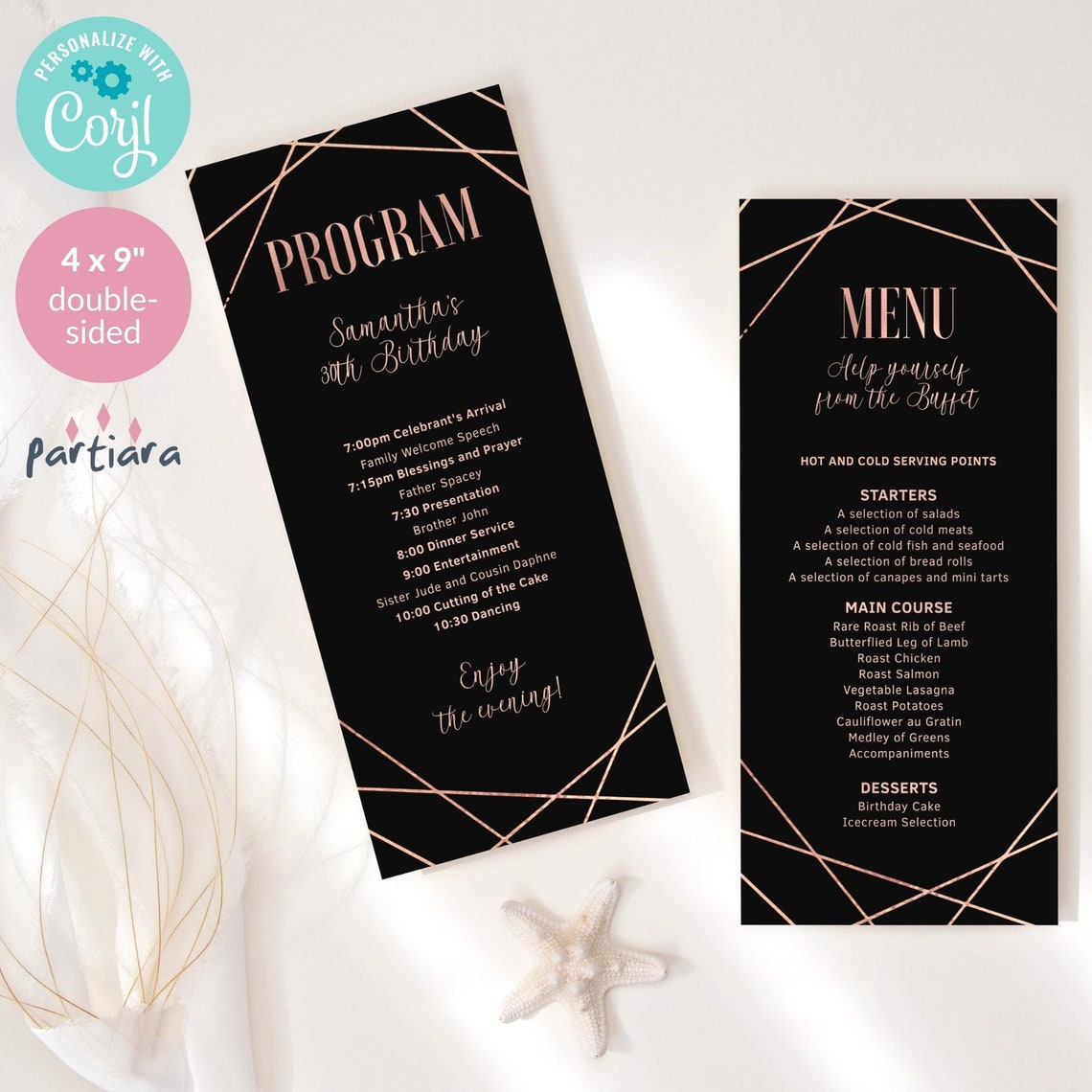Rose Gold Menu Card With Program, Teens Birthday Itinerary Printable ...