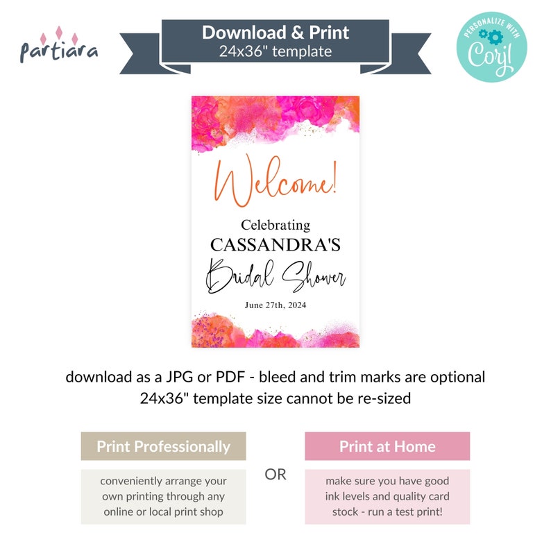 Pink Orange Welcome Sign, Hot Pink Bridal Shower Welcome Poster Decor ...