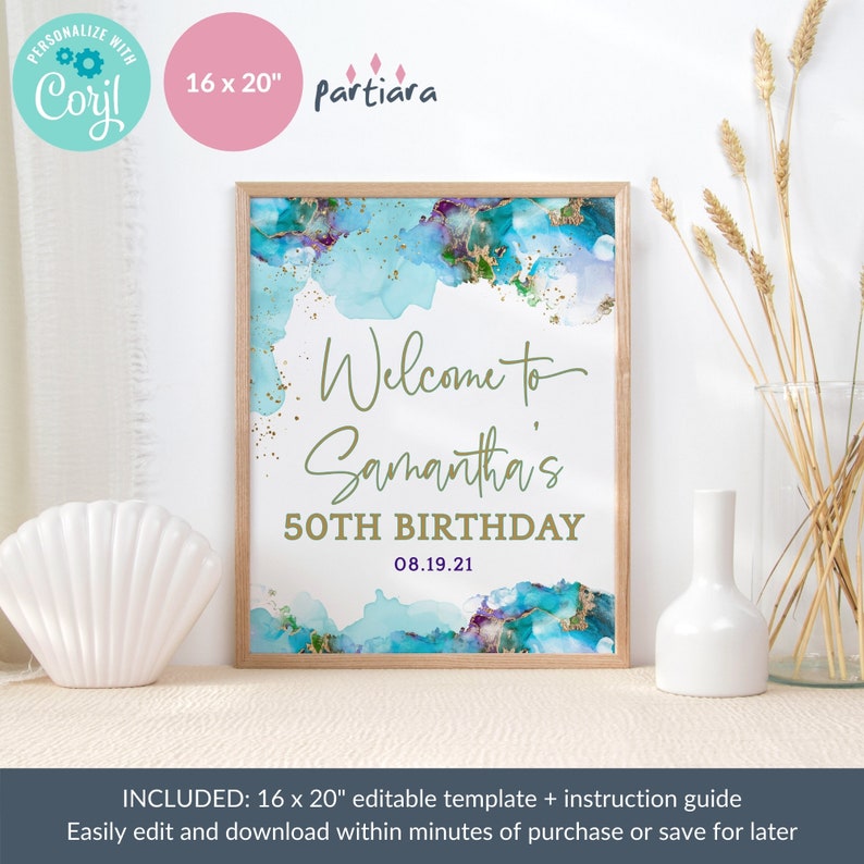 Turquoise Blue Gold Welcome Sign Template Editable DIY Printable Adult ...