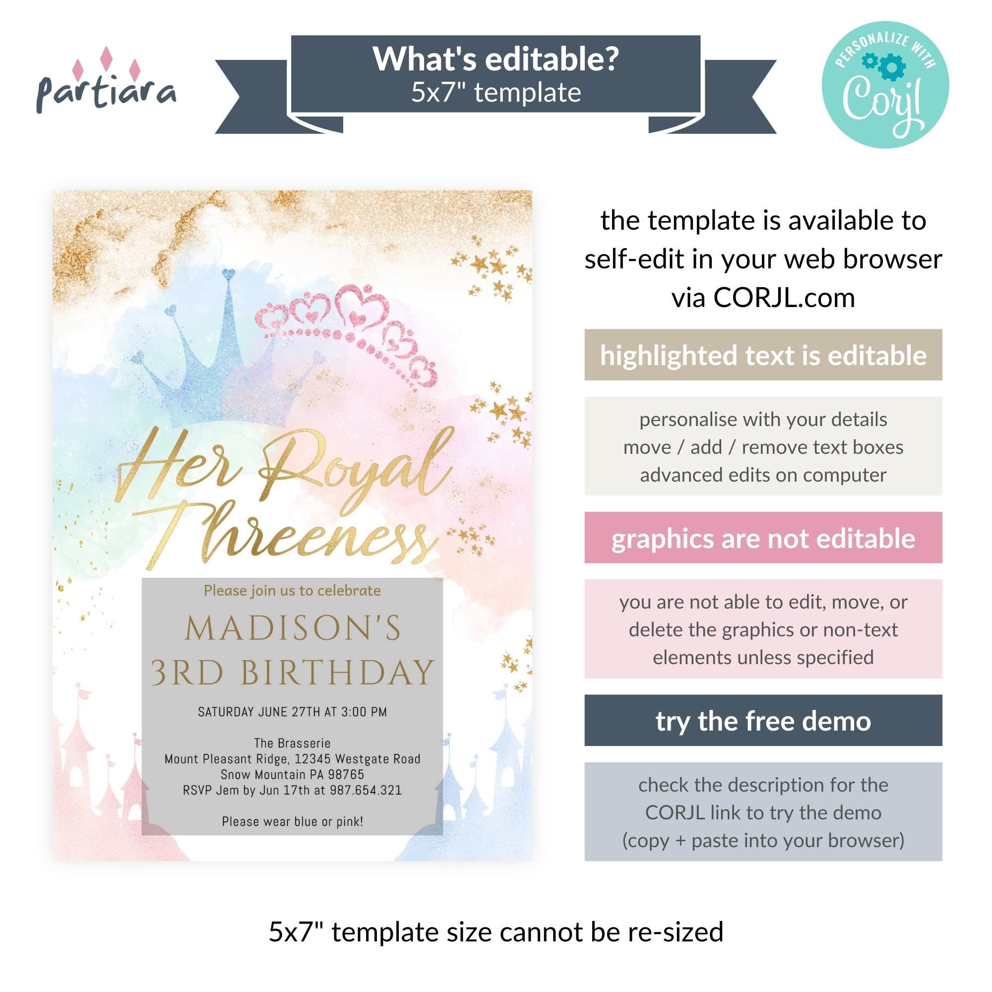 Girl Royal 3rd Birthday Invitation Printable Princess Pastel Fairytale ...