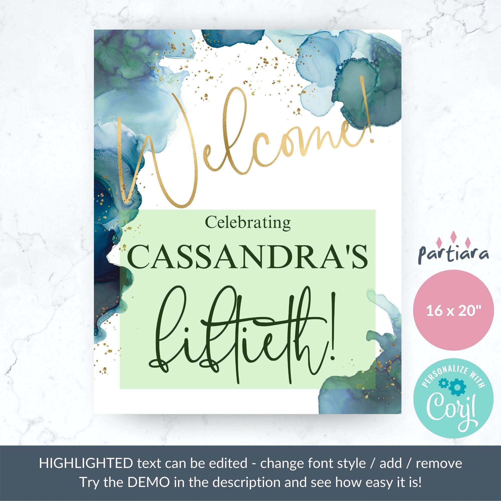 Teal Birthday Welcome Sign Printable, Teal Blue Gold Party Welcome ...