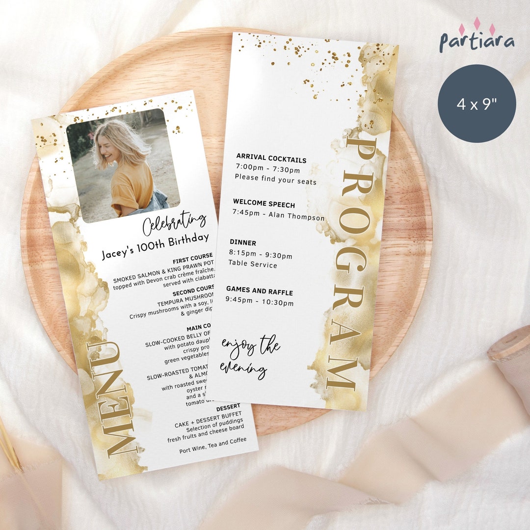 Editable Menu Program Card Template, Ladies All White and Gold Birthday ...
