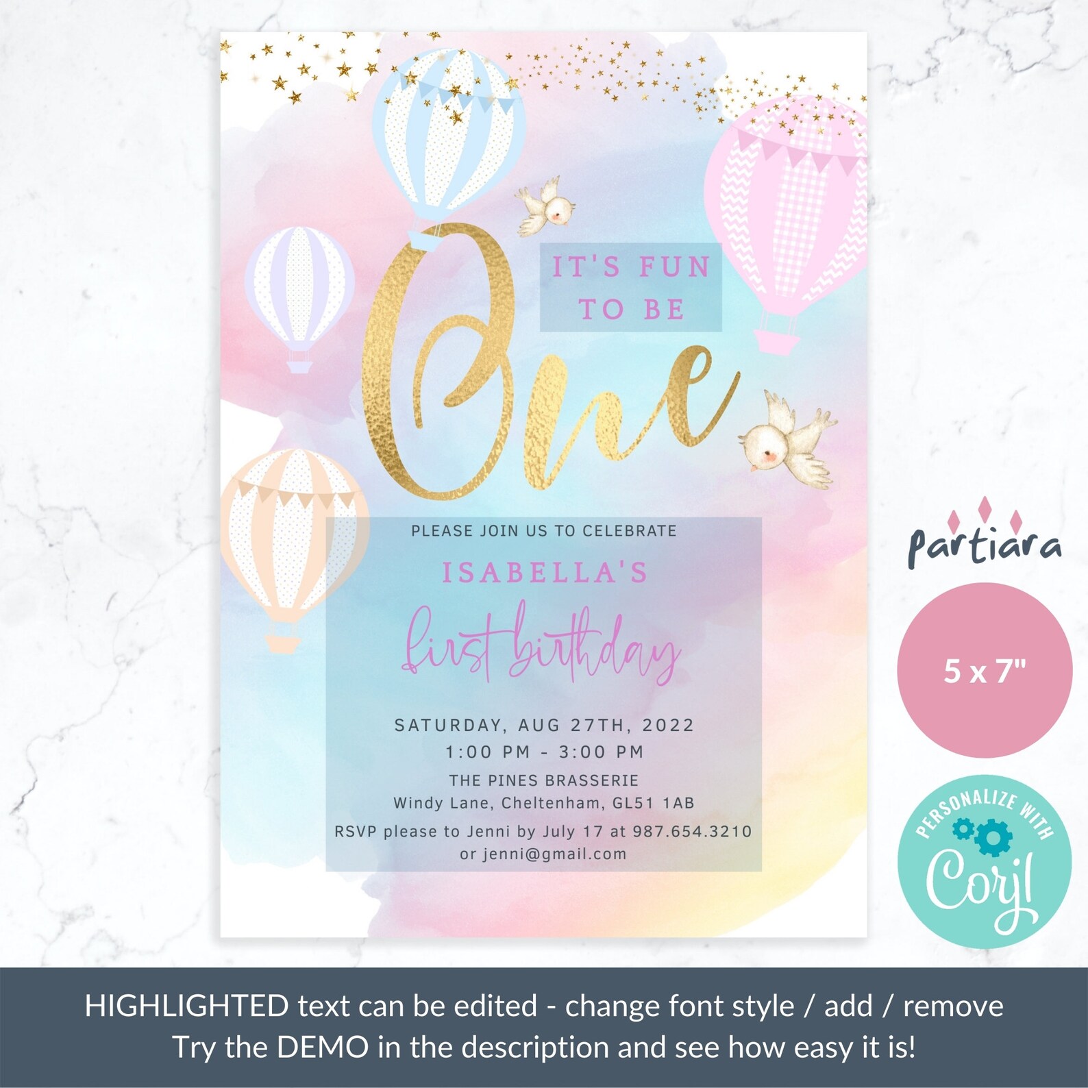 Pastel Hot Air Balloons Invitation 1st Birthday Party Girl - Etsy