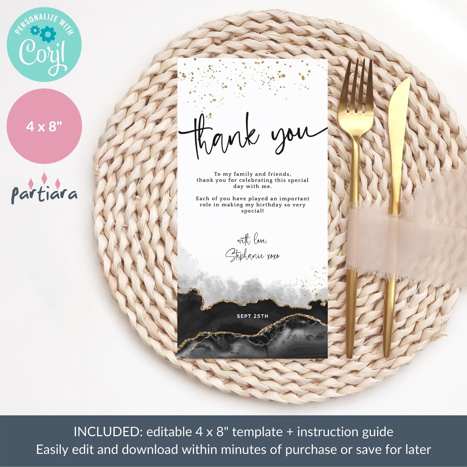 Black Gold Birthday Thank You Table Plate Decor Card Printable Men or ...