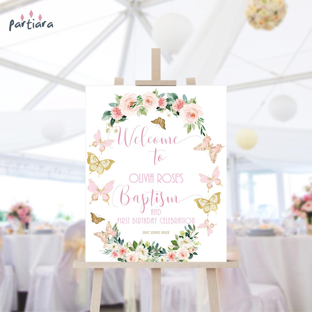 Welcome Butterfly Party Printable, Baby Girl Baptism Welcome Poster ...