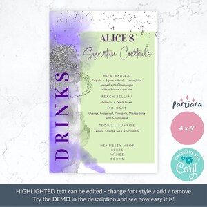 Editable Drinks Menu Template: Purple Signature Bar Menus for Ladies ...