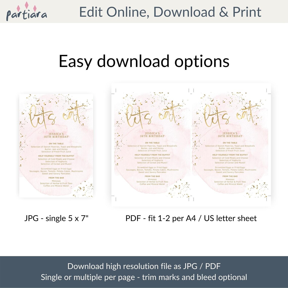 Pastel Pink Menu Template, Birthday Brunch Menus Printable, Teen Girls ...
