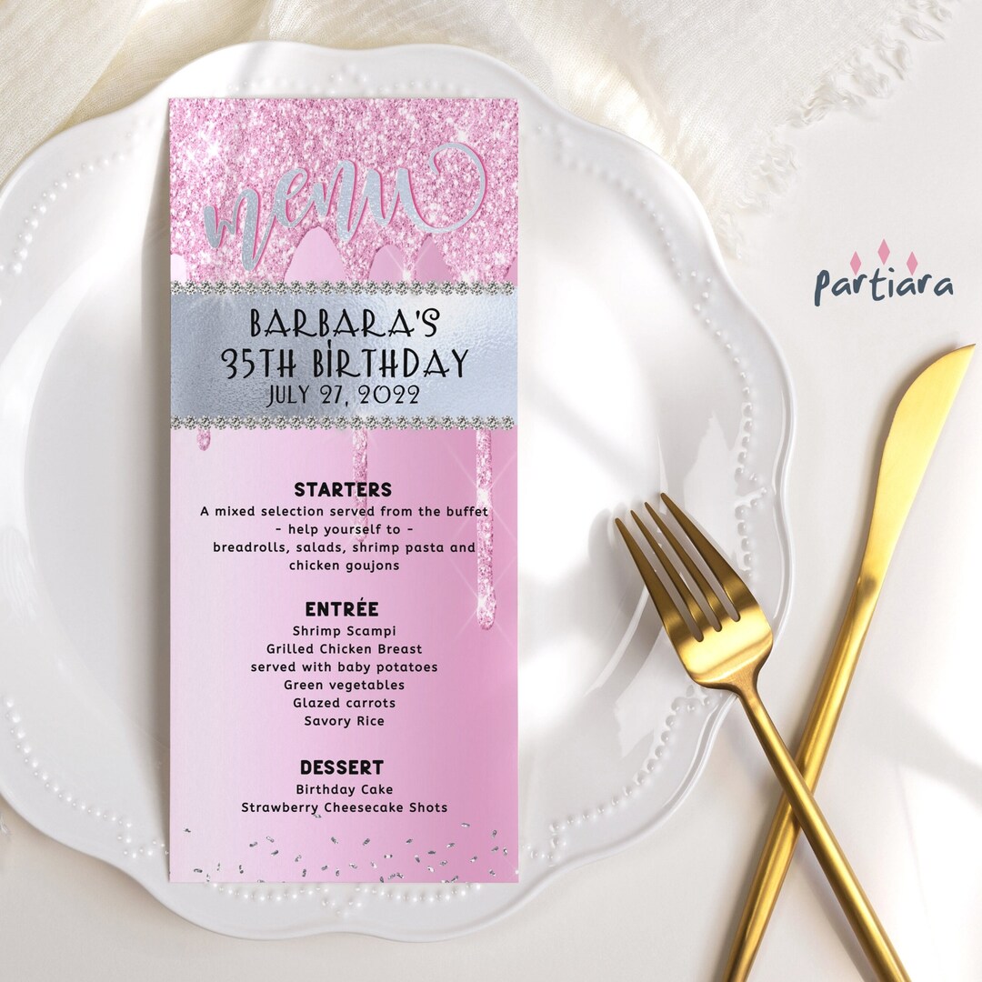 Ladies Silver Pink Birthday Dinner Menus Printable Glitter Candy ...
