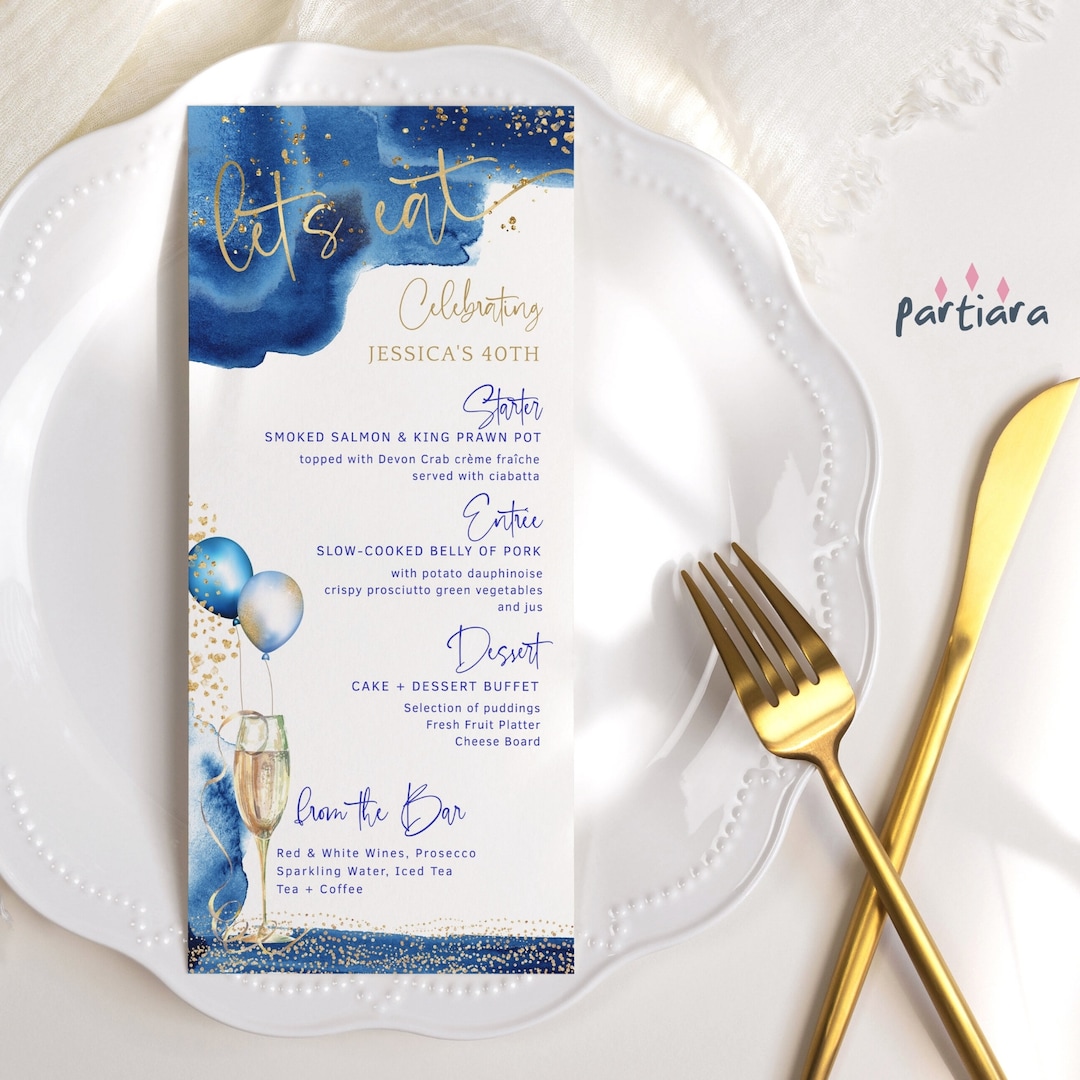 Royal Blue Gold Menu Card Editable Birthday Party Dinner Table Menus ...