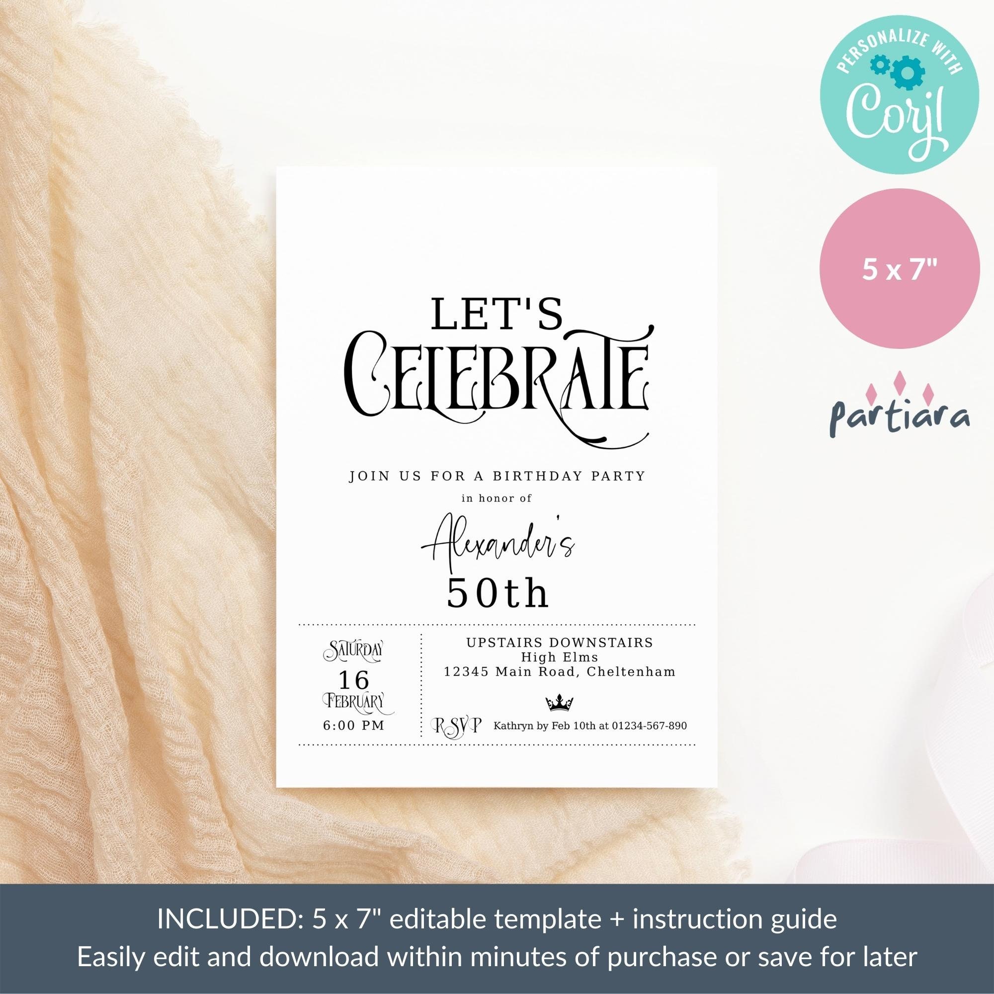 Black White Mens Birthday Invite Printable Editable Digital - Etsy