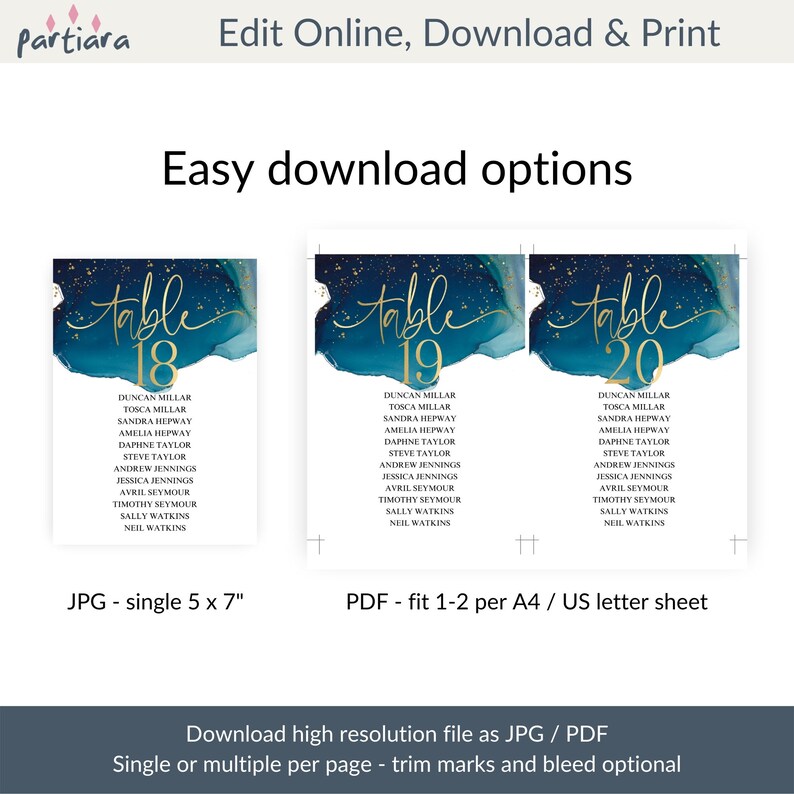Teal Gold Table Numbers Printable Birthday Dinner Party Tables - Etsy