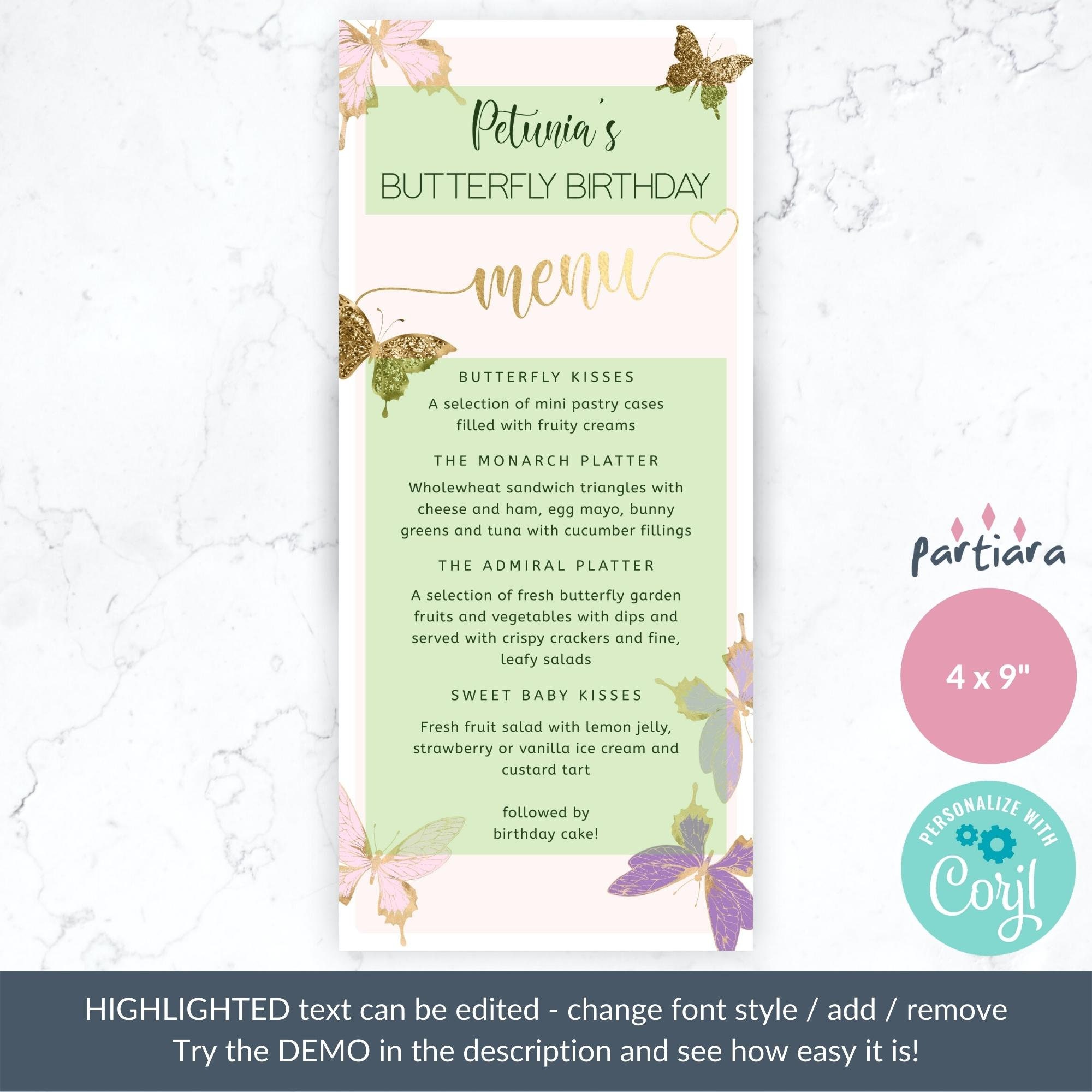 Butterfly Birthday Menu Card Printable Girl's Baby Shower - Etsy
