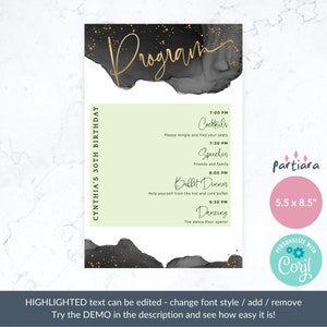Black Gold Party Program Editable Template Men or Ladies Birthday Table ...