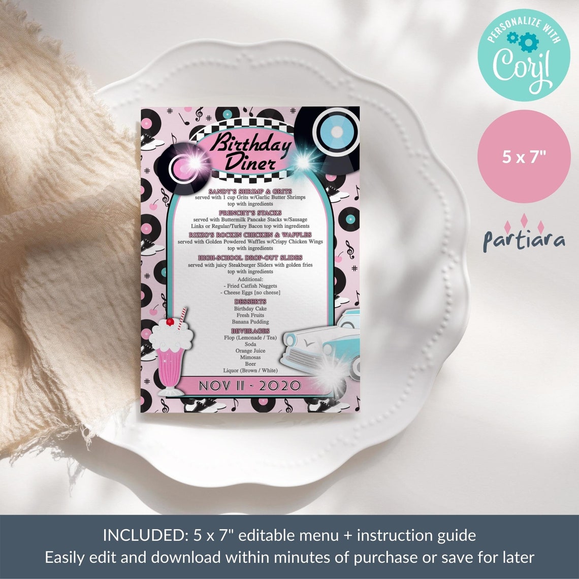 Editable 50s Diner Menu Card Template Retro Birthday Party - Etsy UK