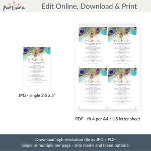 Editable Peacock Menu Template Wedding Reception Menus Bridal Shower ...